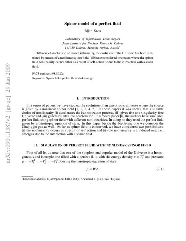 (PDF) Spinor model of a perfect fluid