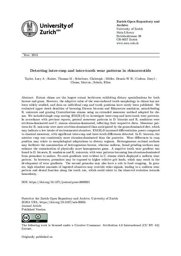 (PDF) Detecting Inter-Cusp and Inter-Tooth Wear Patterns in Rhinocerotids