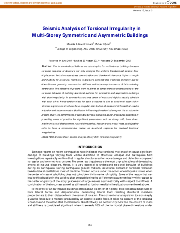(PDF) Seismic analysis of torsional irregularity in multi-storey symmetric and asymmetric buildings