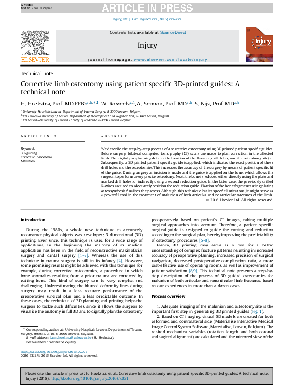 (PDF) Corrective limb osteotomy using patient specific 3D-printed guides: A technical note
