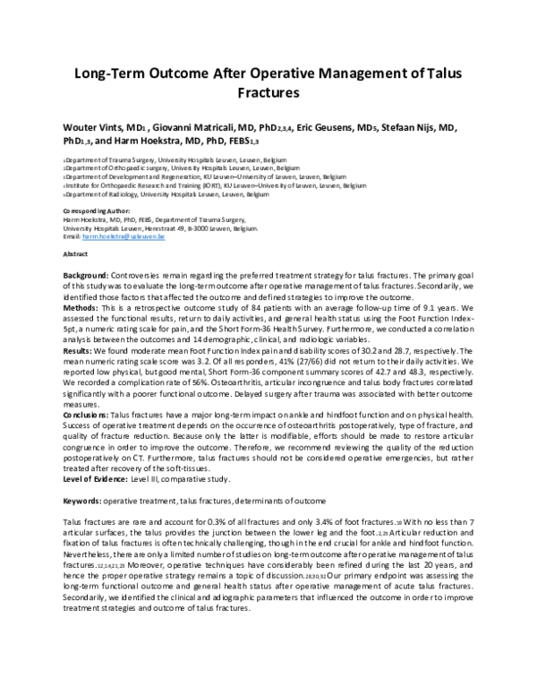 Pdf Long Term Outcome After Operative Management Of Talus Fractures
