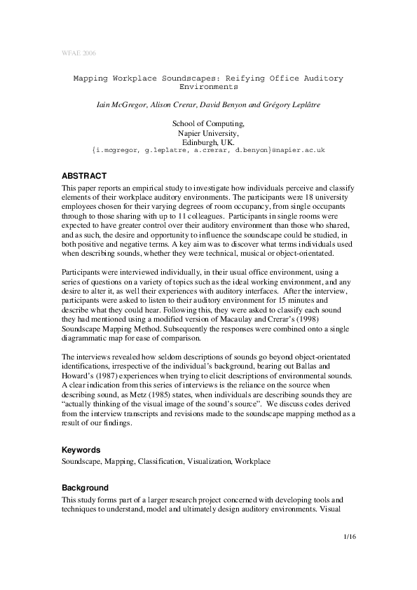 (PDF) Mapping Workplace Soundscapes: Reifying Office Auditory Environments