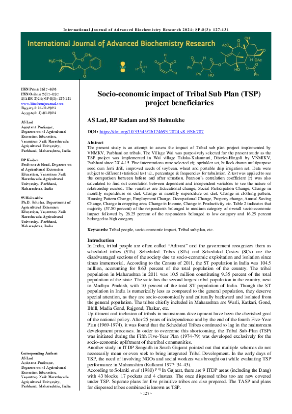(PDF) Socio-economic impact of Tribal Sub Plan (TSP) project beneficiaries AS Lad, RP Kadam and ...