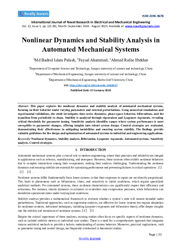 (PDF) Nonlinear Dynamics and Stability Analysis in Automated Mechanical Systems