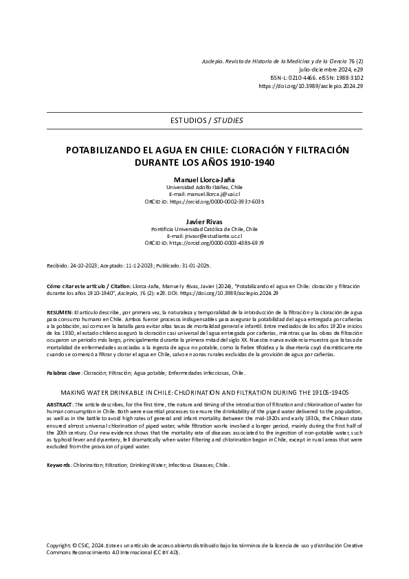 (PDF) Manuel Llorca-Jaña & Javier Rivas, “Potabilizando el agua en ...