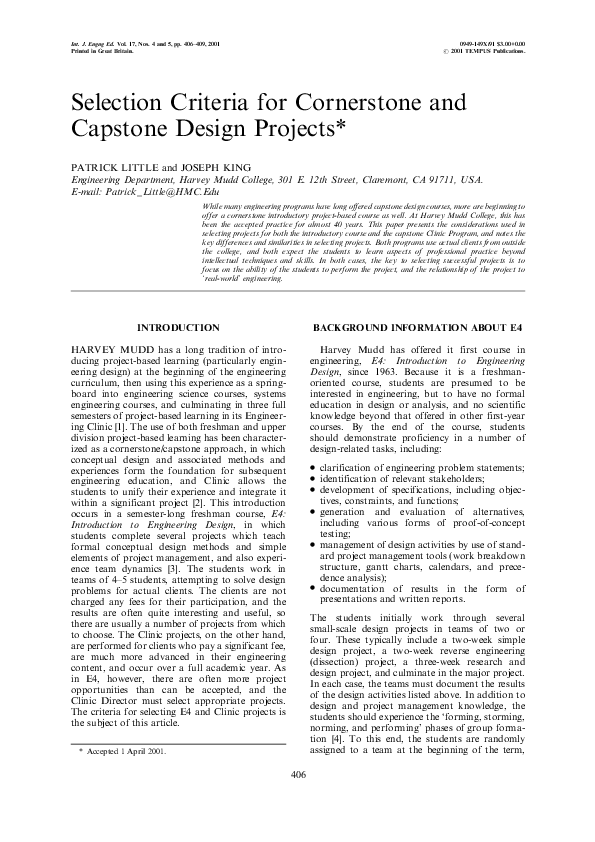 (PDF) Selection Criteria for Cornerstone and Capstone Design Projects