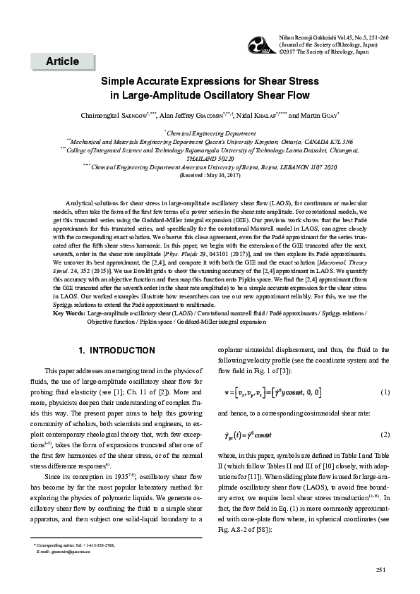 (PDF) Simple Accurate Expressions for Shear Stress in Large-Amplitude ...