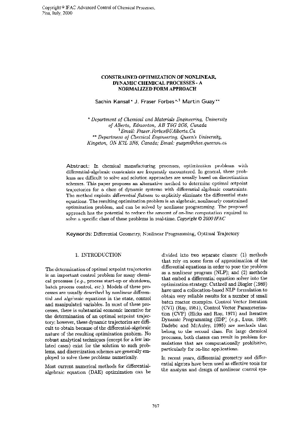 (PDF) Constrained Optimization of Nonlinear, Dynamic Chemical Processes – A Normalized Form Approach