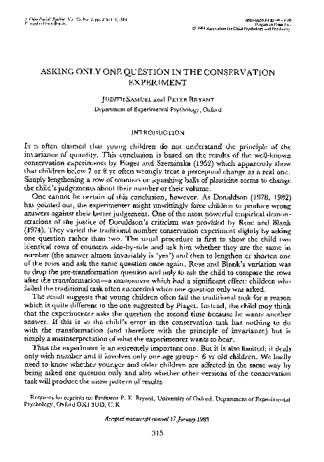 (PDF) Asking Only One Question in the Conservation Experiment