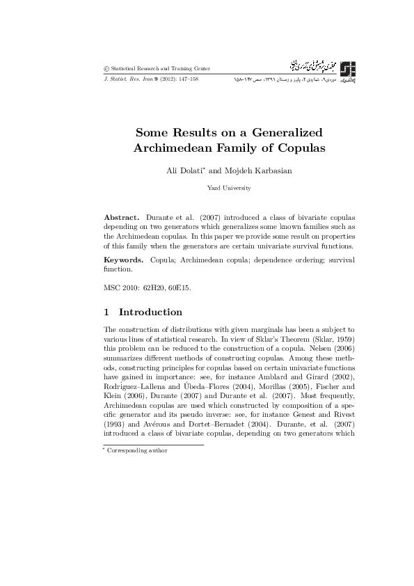(PDF) Some Results on a Generalized Archimedean Family of Copulas
