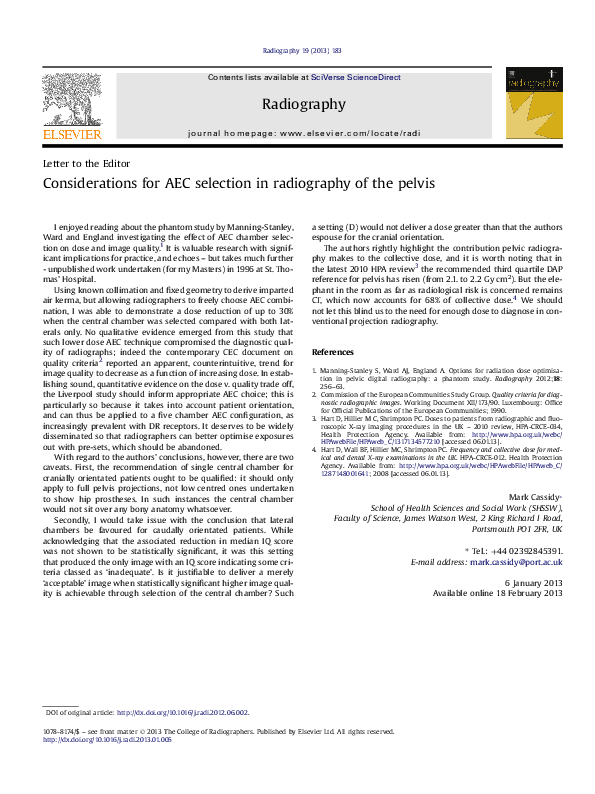 (PDF) Considerations for AEC selection in radiography of the pelvis