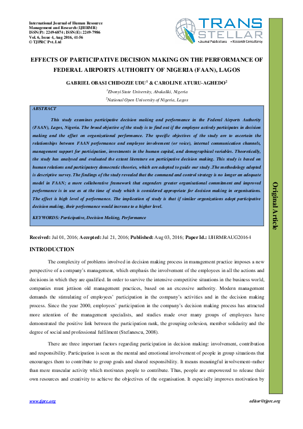 (PDF) Effects of Participative Decision Making on the Performance of Federal Airports Authority ...