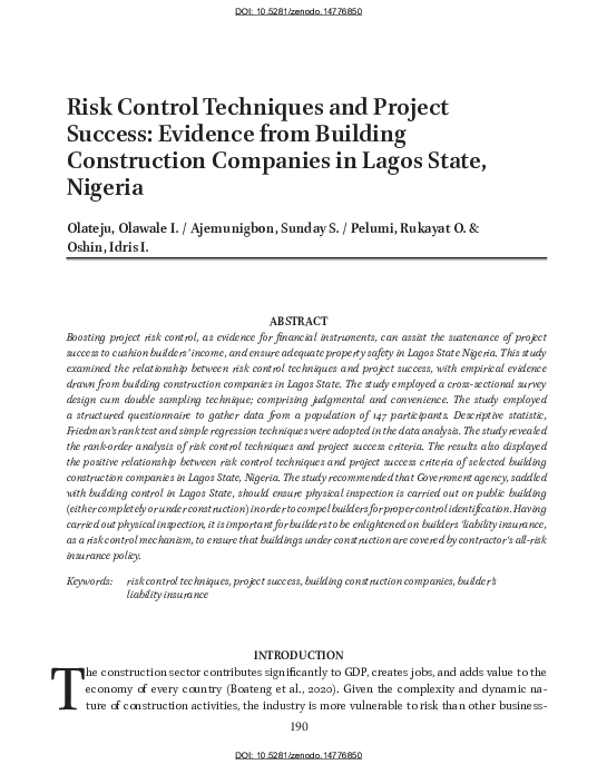 (PDF) Risk control Techniques and Project Success: Evidence from ...