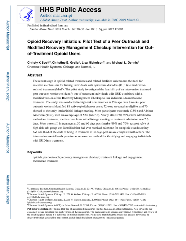 (PDF) Opioid recovery initiation: Pilot test of a peer outreach and ...