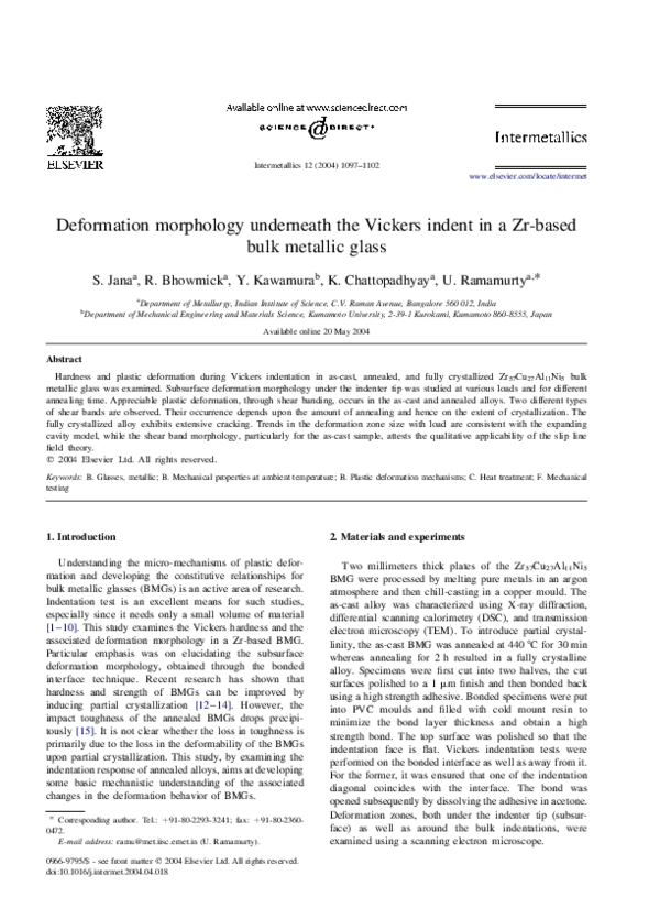 (PDF) Deformation morphology underneath the Vickers indent in a Zr ...