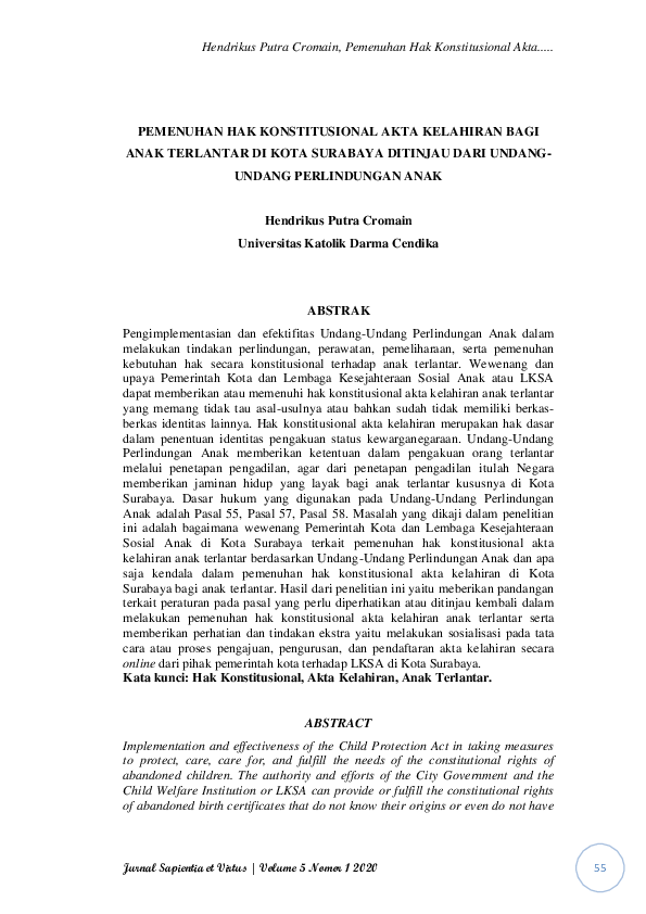 (PDF) Pemenuhan Hak Konstitusional Akta Kelahiran Bagi Anak Terlantar di Kota Surabaya ditinjau ...