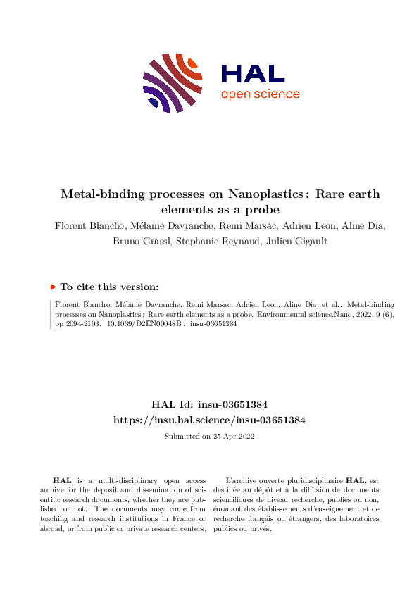 (PDF) Metal-binding processes on nanoplastics: rare earth elements as ...