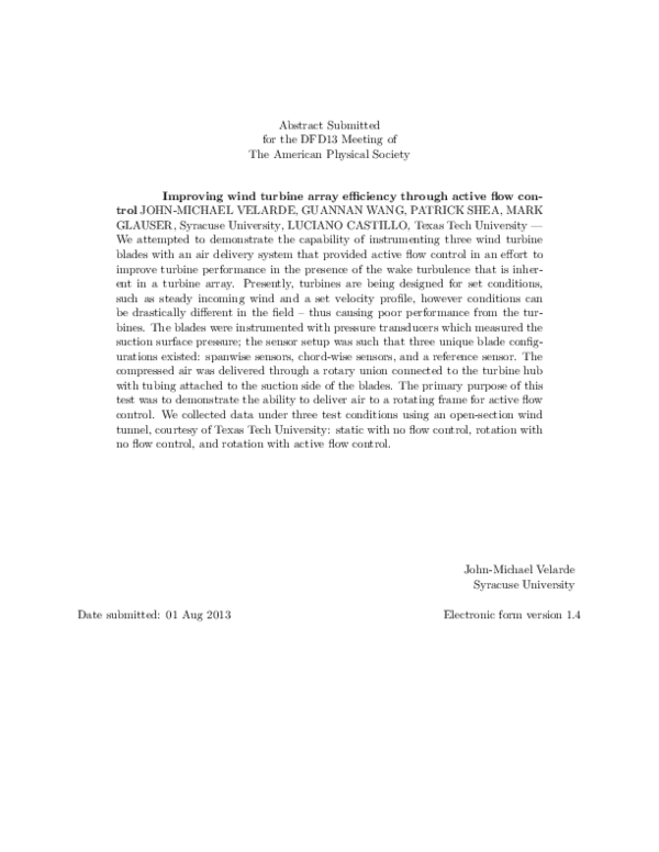(PDF) Improving wind turbine array efficiency through active flow control