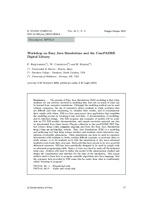 (PDF) Workshop on Easy Java Simulations and the ComPADRE Digital Library
