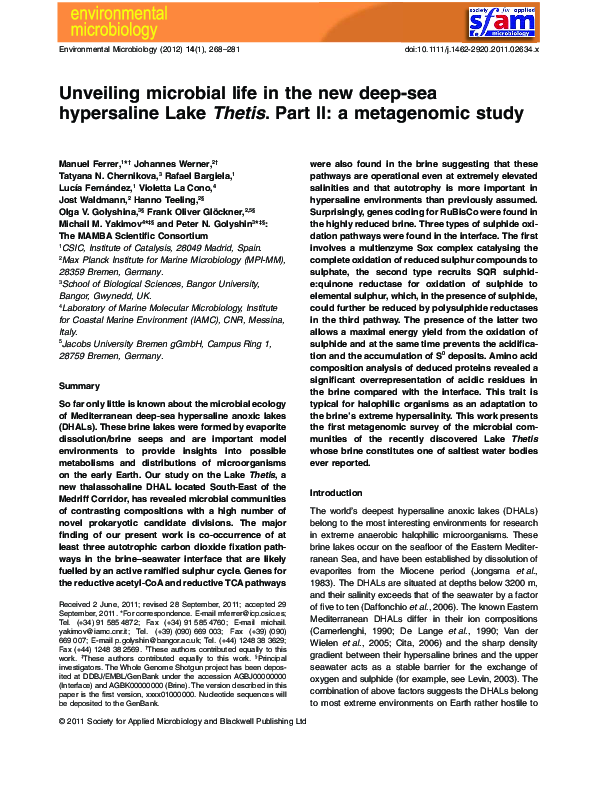 (PDF) Unveiling microbial life in new deep‐sea hypersaline Lake Thetis ...