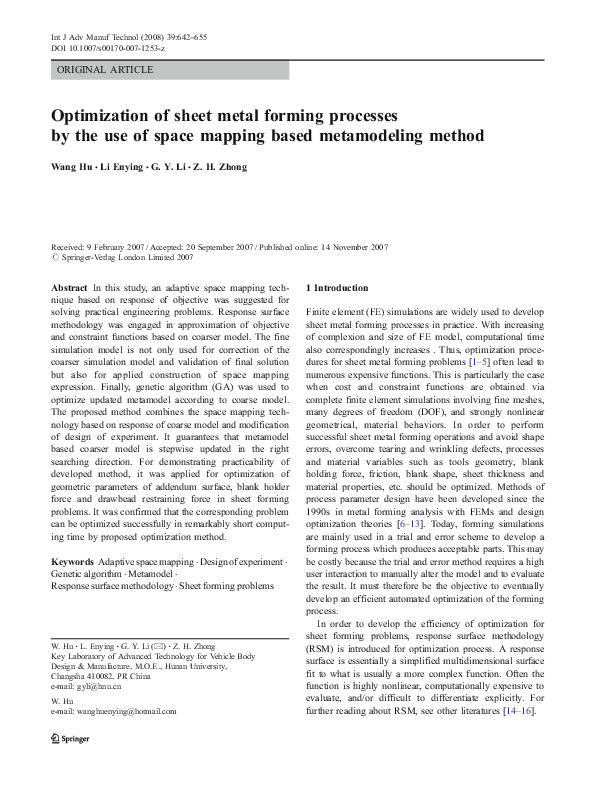 (PDF) Optimization of sheet metal forming processes by the use of space mapping based ...