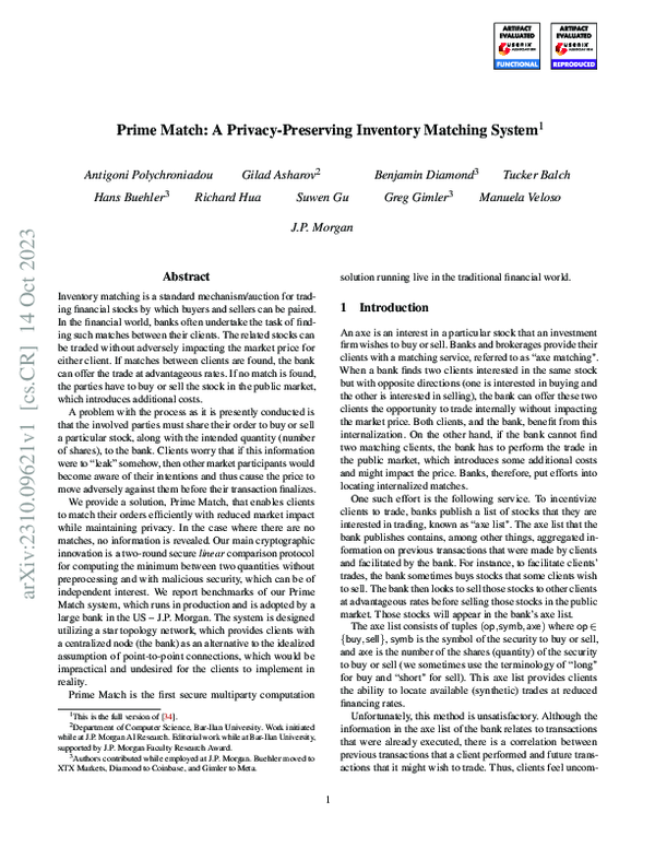 (PDF) Prime Match: A Privacy-Preserving Inventory Matching System