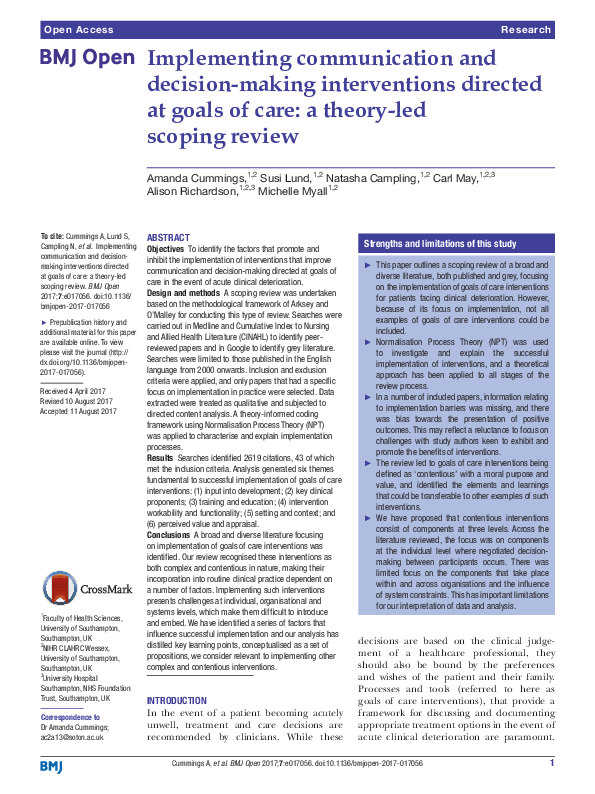 (PDF) Implementing communication and decision-making interventions directed at goals of care: a ...