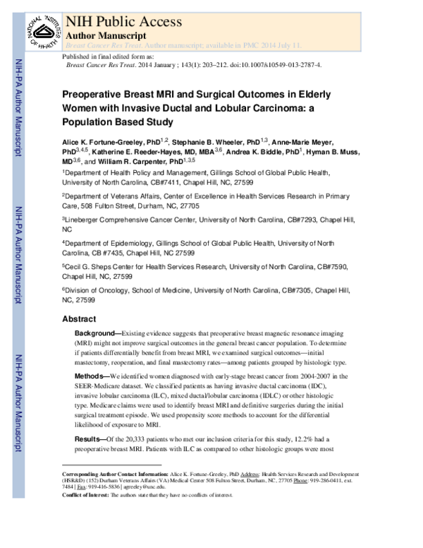 (PDF) Preoperative breast MRI and surgical outcomes in elderly women with invasive ductal and ...