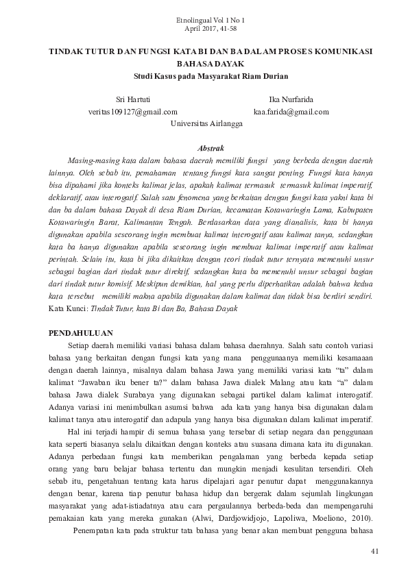 (PDF) Tindak Tutur dan Fungsi Kata Bi dan Ba dalam Proses Komunikasi Bahasa Dayak Studi Kasus ...