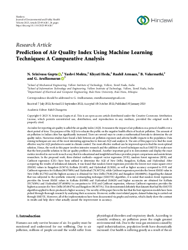 (PDF) Prediction of Air Quality Index Using Machine Learning Techniques: A Comparative Analysis