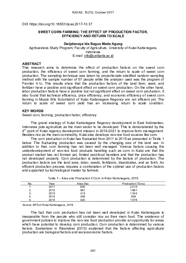 (PDF) Sweet Corn Farming: The Effect of Production Factor, Efficiency and Return to Scale