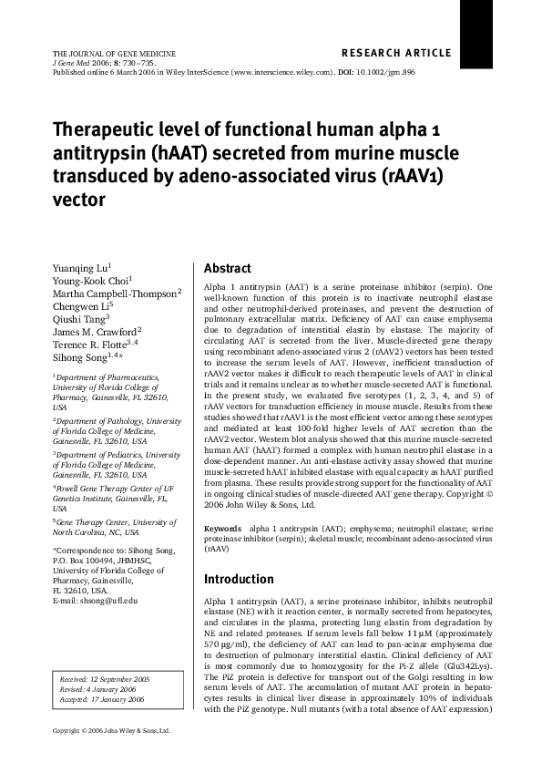 (PDF) Therapeutic level of functional human alpha 1 antitrypsin (hAAT ...