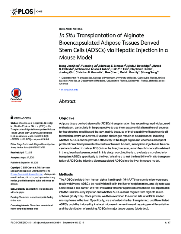 (PDF) In Situ Transplantation of Alginate Bioencapsulated Adipose ...