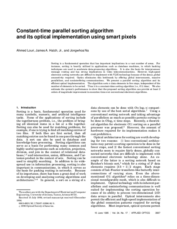 (PDF) Constant-time parallel sorting algorithm and its optical implementation using smart pixels