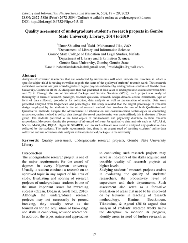 (PDF) Quality assessment of undergraduate student’s research projects ...