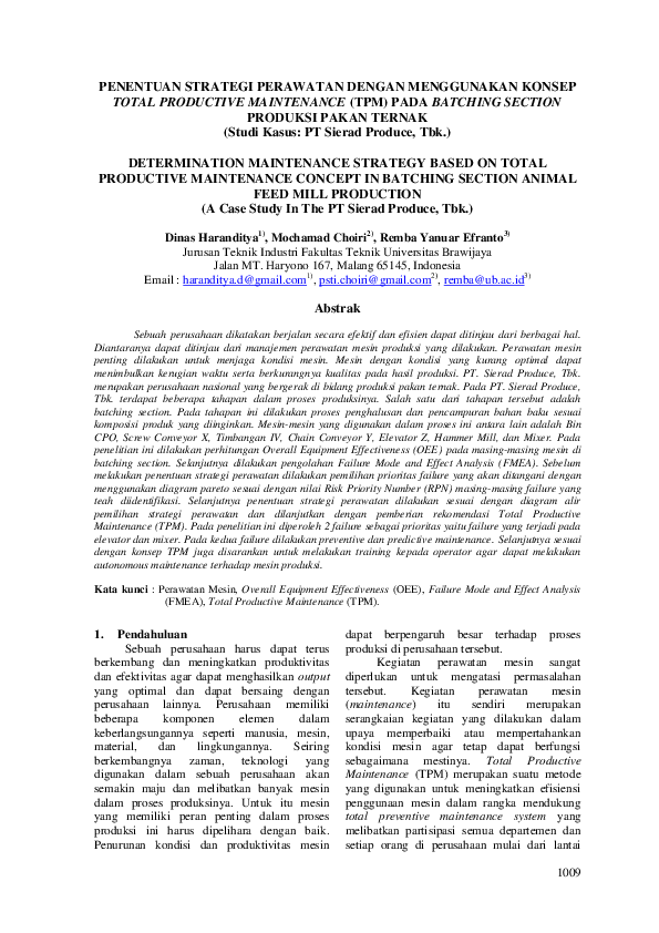 (PDF) PENENTUAN STRATEGI PERAWATAN DENGAN MENGGUNAKAN KONSEP TOTAL PRODUCTIVE MAINTENANCE (TPM ...