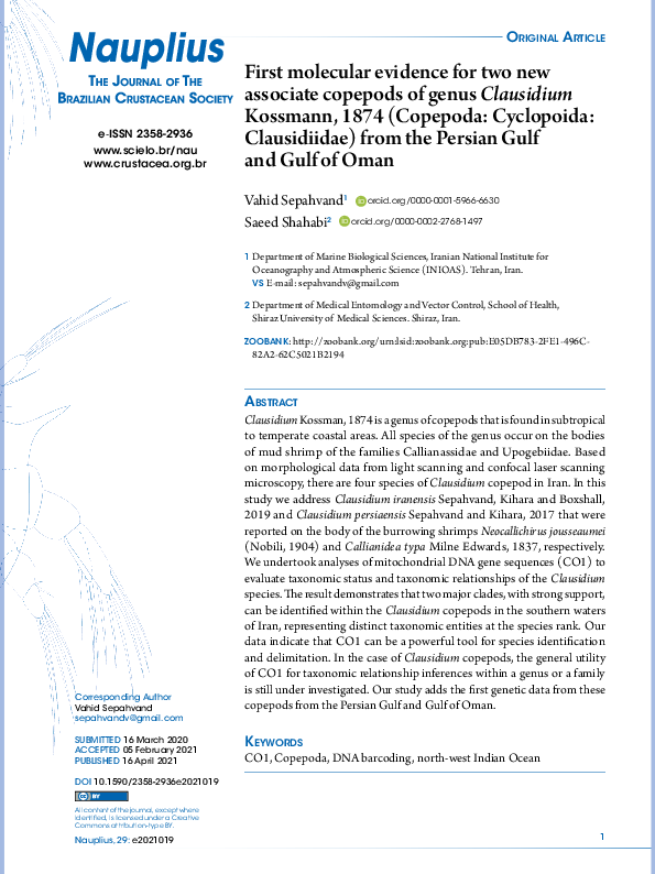 (PDF) First molecular evidence for two new associate copepods of genus ...