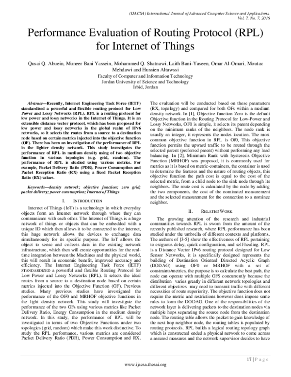 (PDF) Performance Evaluation of Routing Protocol (RPL) for Internet of Things