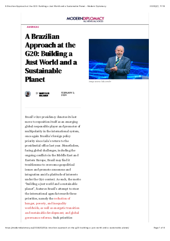 (PDF) A Brazilian Approach at the G20: Building a Just World and a ...
