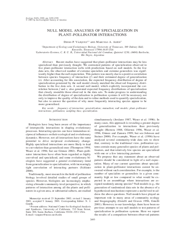(PDF) Null Model Analyses of Specialization in Plant–Pollinator ...