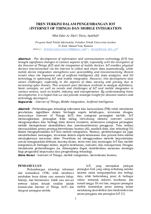 (PDF) TREN TERKINI DALAM PENGEMBANGAN IOT (INTERNET OF THINGS) DAN MOBILE INTEGRATION