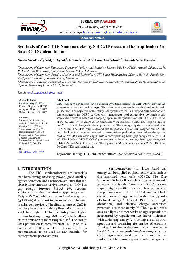 Pdf Synthesis Of Zno Tio2 Nanoparticles By Sol Gel Process And Its Application For Solar Cell