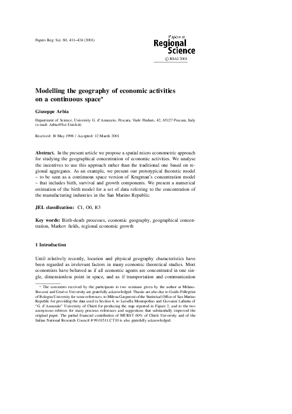 (PDF) Modelling the geography of economic activities on a continuous space*