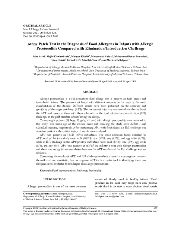 Pdf Atopy Patch Test In The Diagnosis Of Food Allergens In Infants With Allergic Proctocolitis