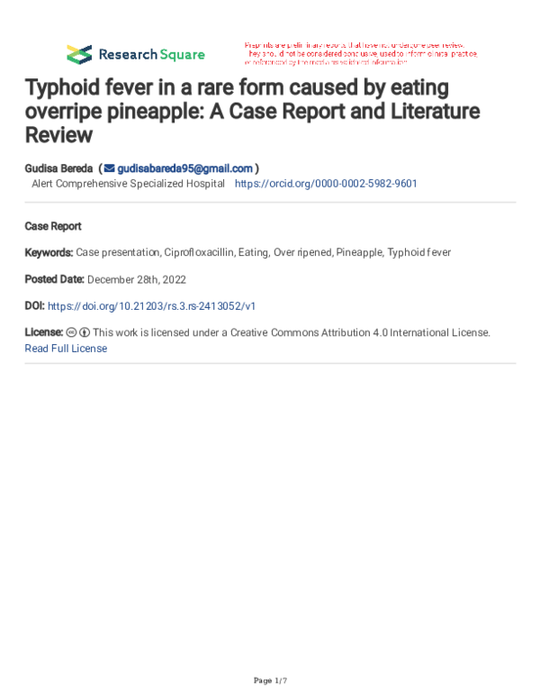 (PDF) Typhoid fever in a rare form caused by eating overripe pineapple ...