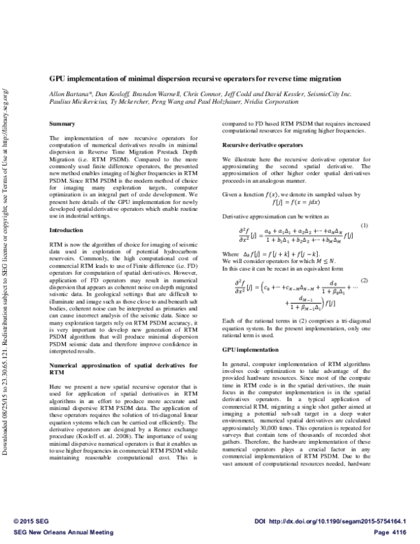 (PDF) GPU implementation of minimal dispersion recursive operators for reverse time migration