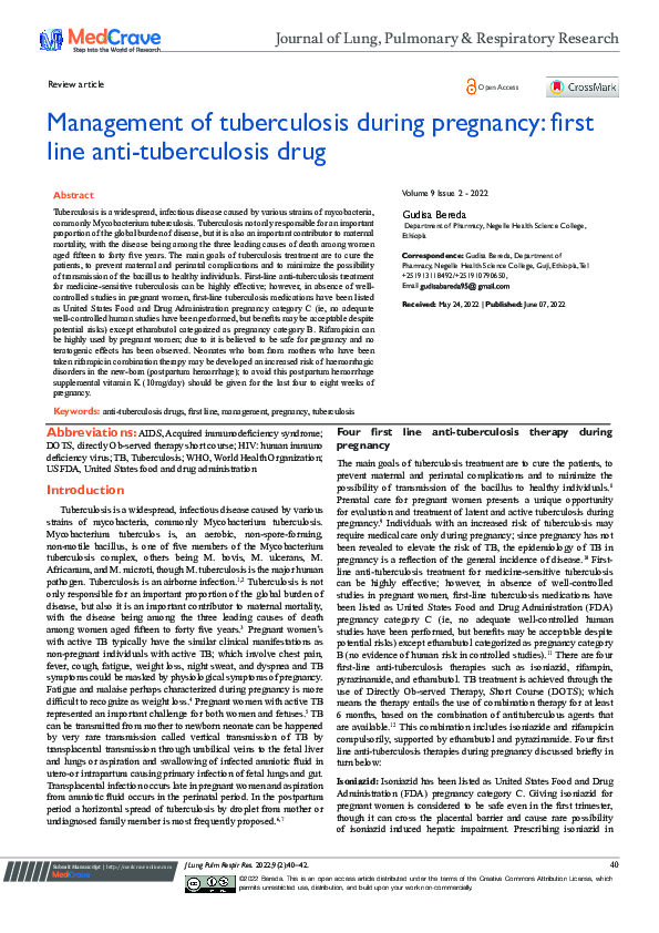 (PDF) Management of tuberculosis during pregnancy: first line anti ...