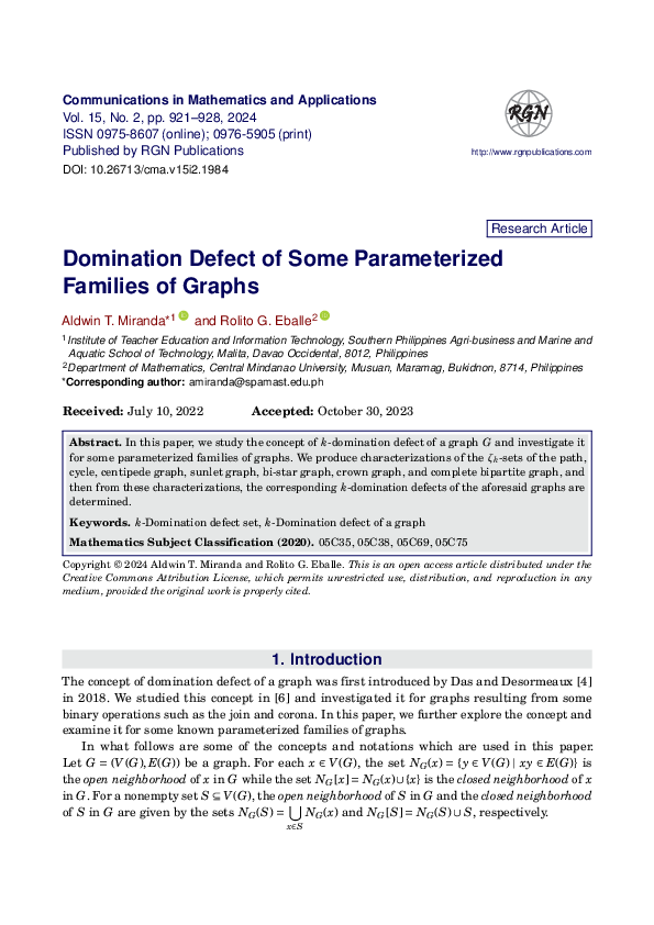 (PDF) Domination Defect of Some Parameterized Families of Graphs