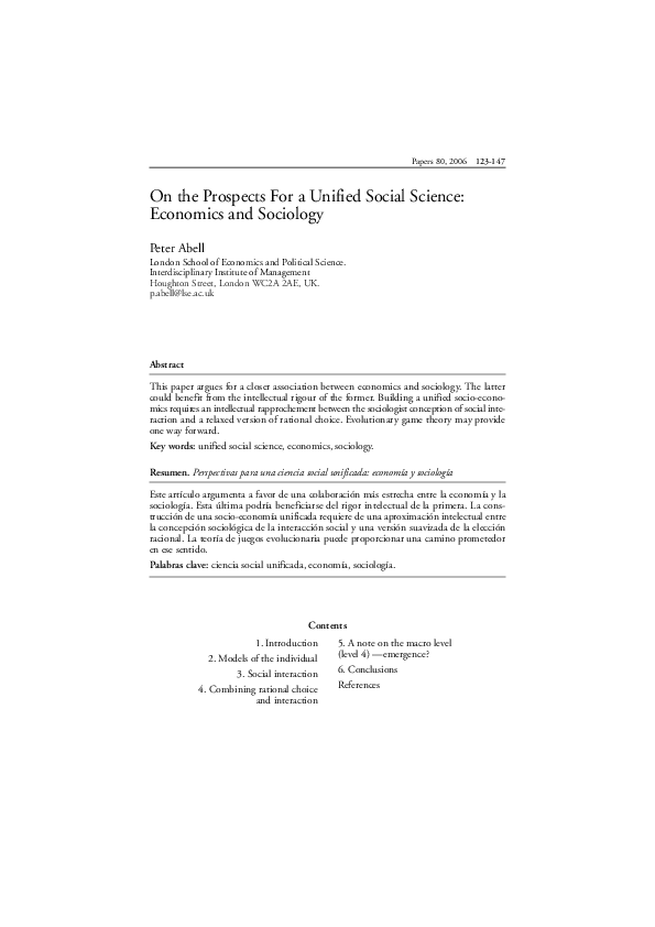 (PDF) On the prospects for a unified social science: economics and ...