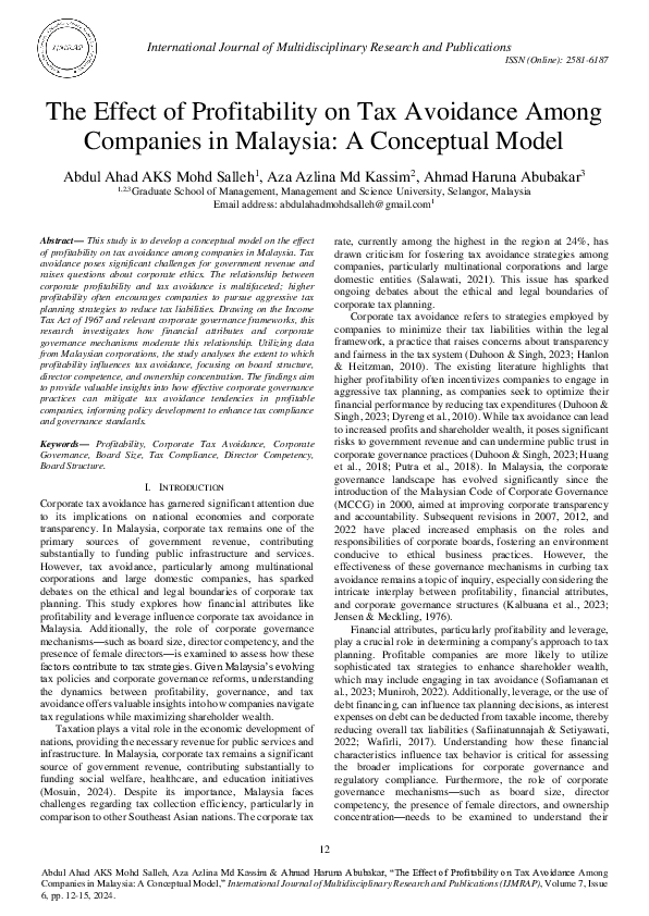 (PDF) The Effect of Profitability on Tax Avoidance Among Companies in Malaysia: A Conceptual Model